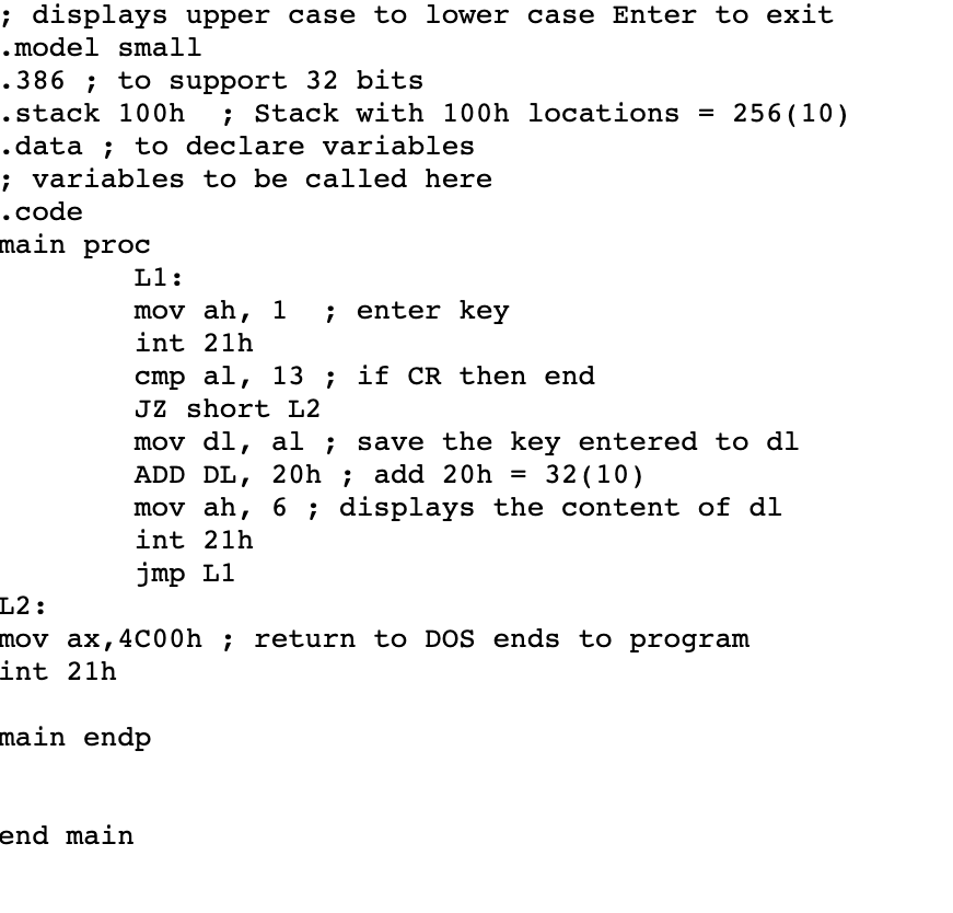 Solved Assembly language. The following program lets the | Chegg.com