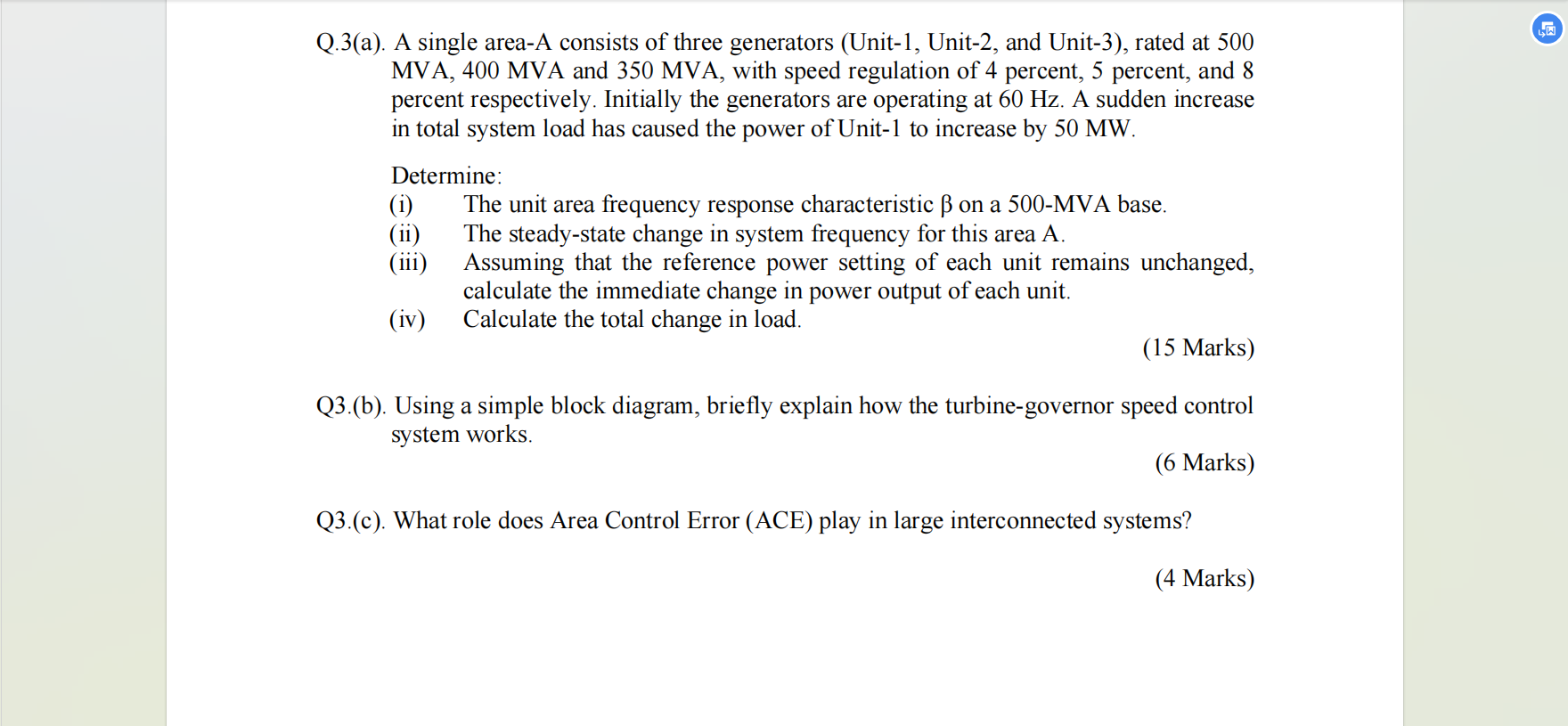 Solved Q.3(a). A single area-A consists of three generators | Chegg.com