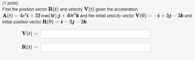 Solved Find the position vector R(t) and velocity V(t) given | Chegg.com