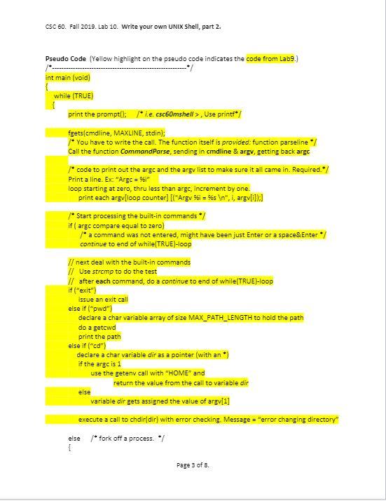 CSC 60. Fall 2019. Lab 10. Write your own UNIX Shell, | Chegg.com