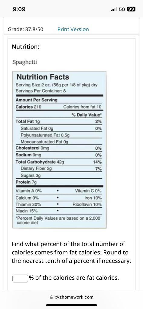 Find what percent of the total number of calories | Chegg.com