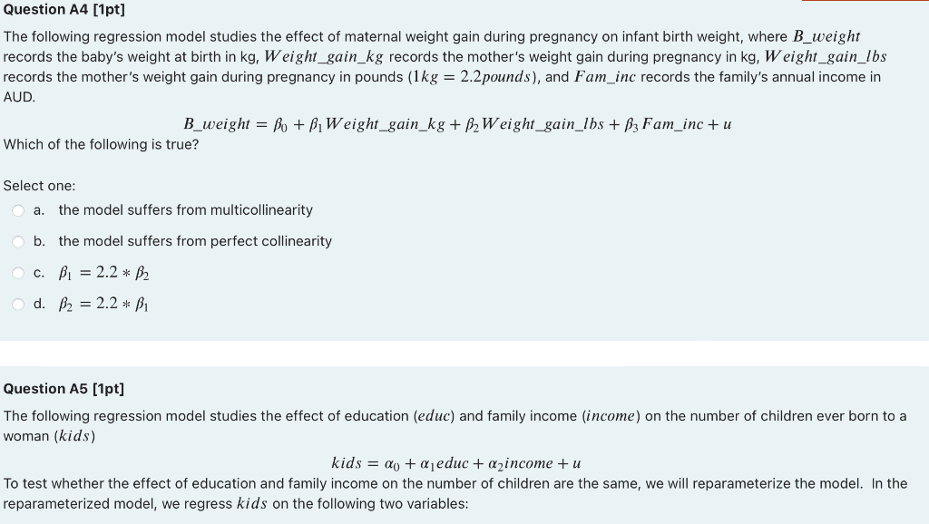 Solved Question A4 [1pt] The following regression model | Chegg.com