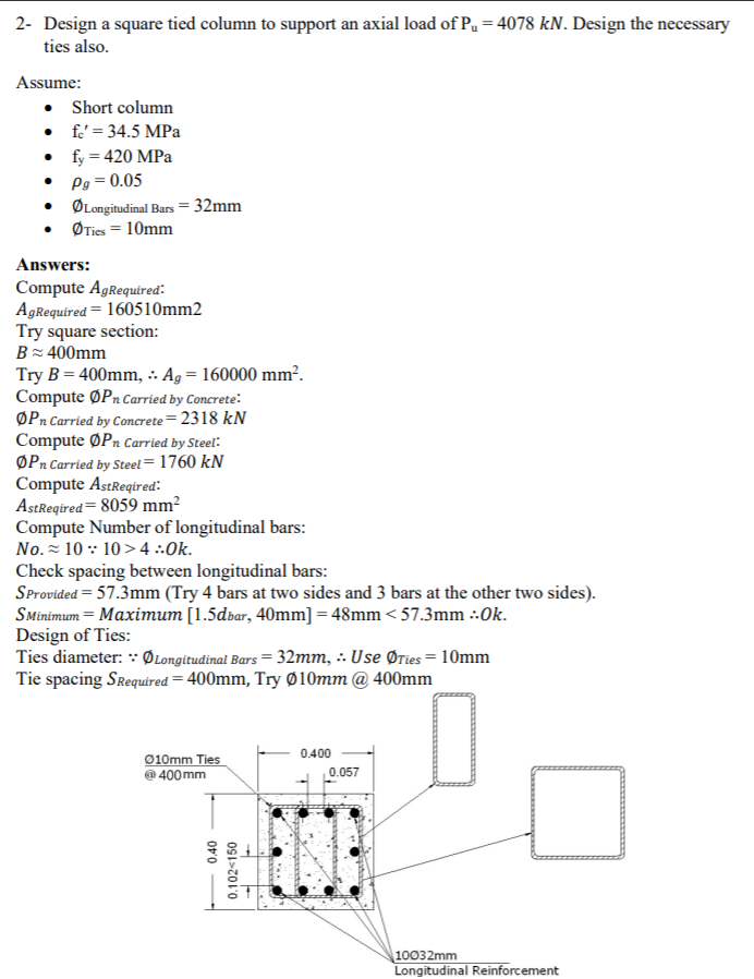 Solved 2- Design a square tied column to support an axial | Chegg.com