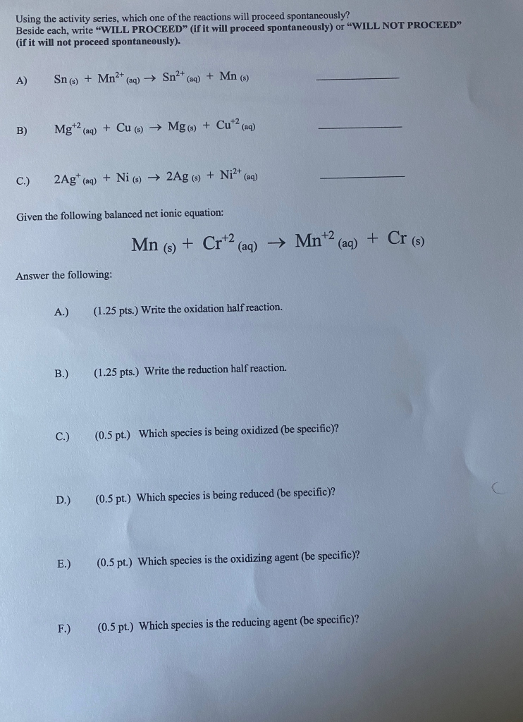 Solved Using the activity series, which one of the reactions | Chegg.com