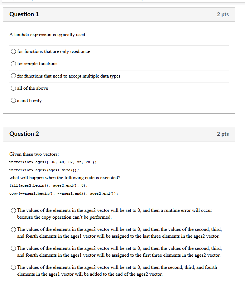 Solved Question 1 2 pts A lambda expression is typically | Chegg.com