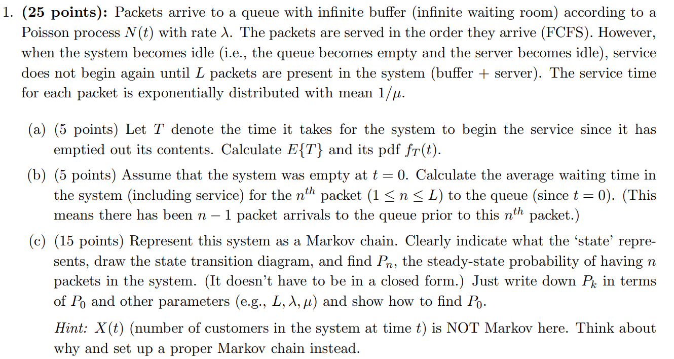 1. (25 points): Packets arrive to a queue with | Chegg.com