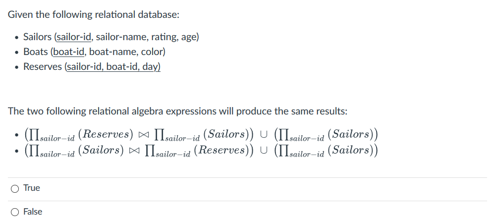 Solved Given the following relational database: • Sailors | Chegg.com