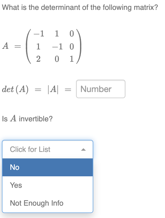 Solved What is the determinant of the following matrix? | Chegg.com