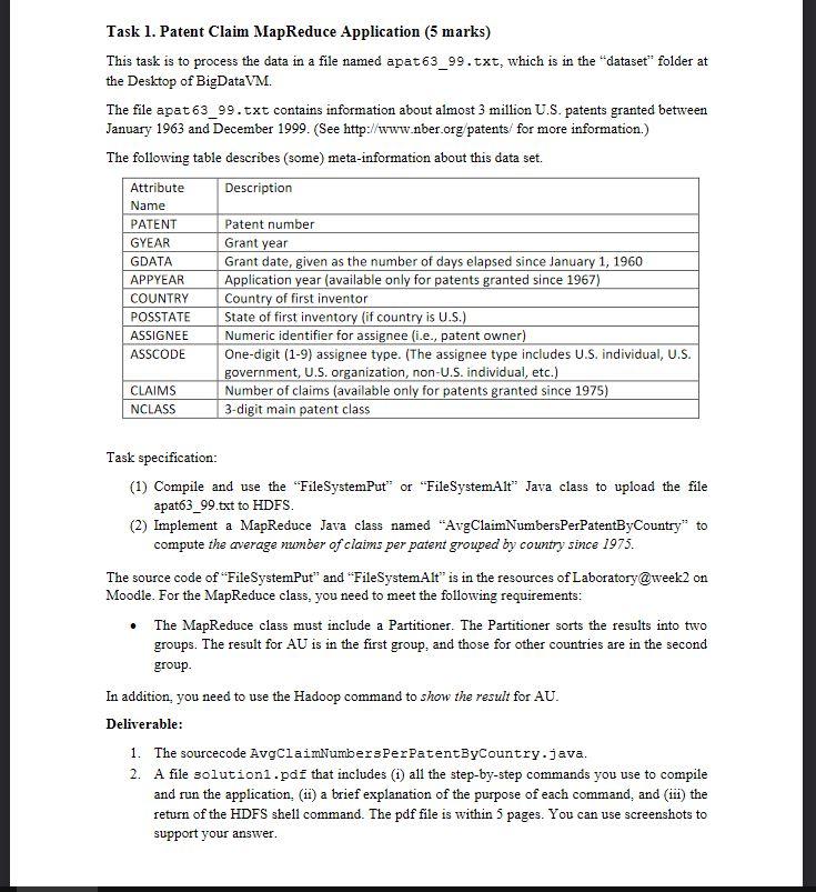 Task 1. Patent Claim MapReduce Application (5 marks) | Chegg.com