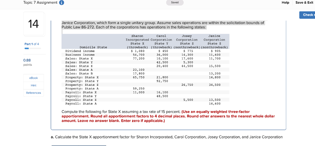 Solved a. Calculate the State X apportionment factor for | Chegg.com