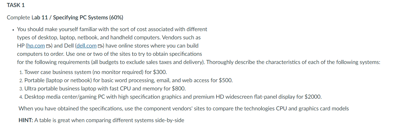 Solved Complete Lab 11 / Specifying PC Systems (60\%) - You | Chegg.com