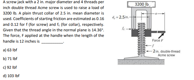 Solved A screw jack with a 2 in. major diameter and 4 | Chegg.com