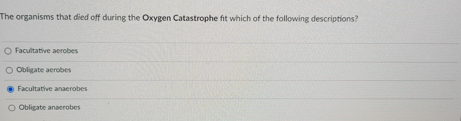 Solved The organisms that died off during the Oxygen | Chegg.com