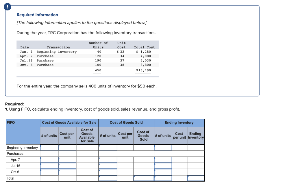 Solved Required information (The following information | Chegg.com