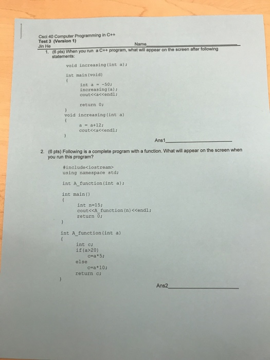 Solved Csci 40 Computer Programming In C Tost 3 Version 0123