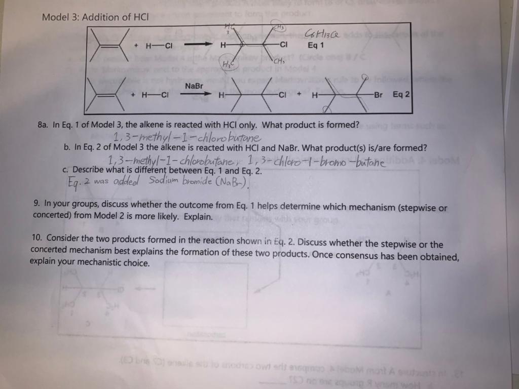 Solved Model 3: Addition of HCI Cohibce Eq 1 + H-CI H₂C f > | Chegg.com
