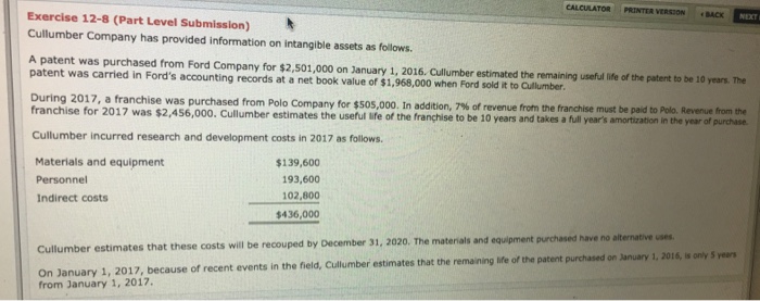 Solved CALCULATOR PRINTER VERSSON BACK Exercise 12-8 (Part | Chegg.com