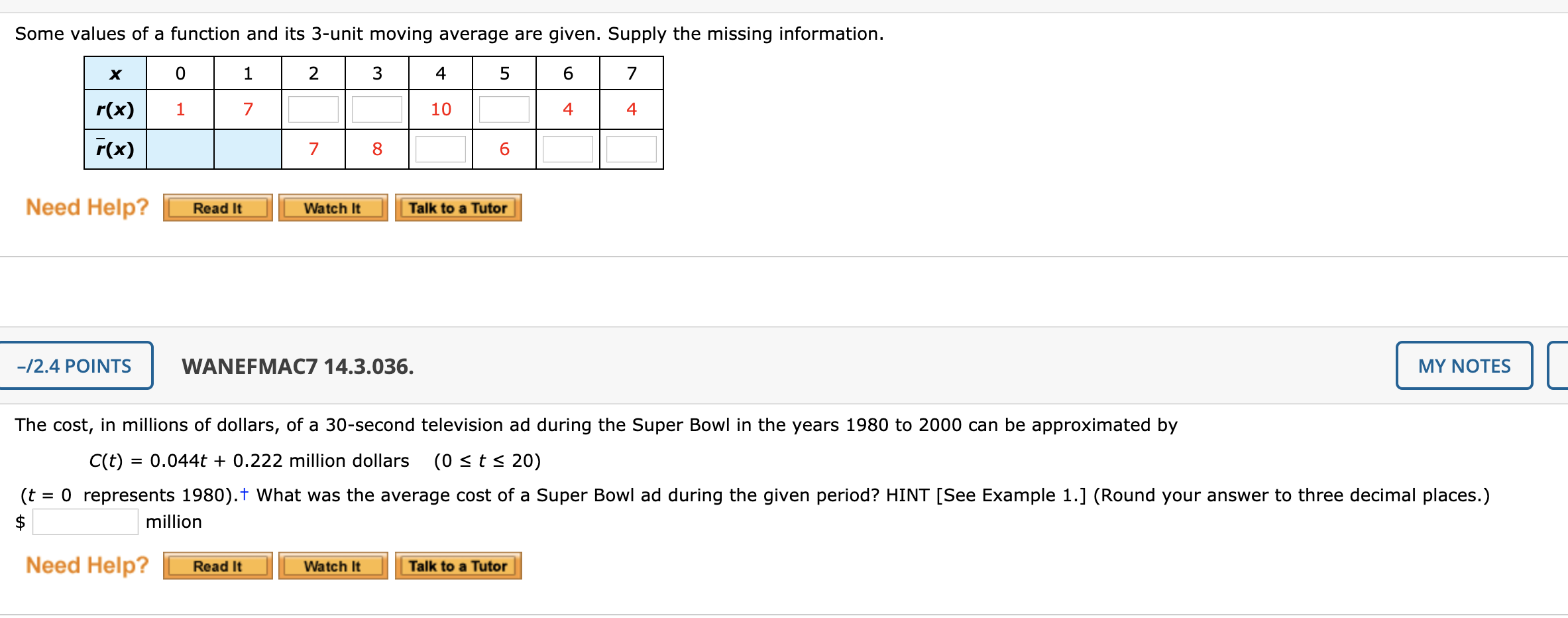 Solved Some values of a function and its 3-unit moving | Chegg.com