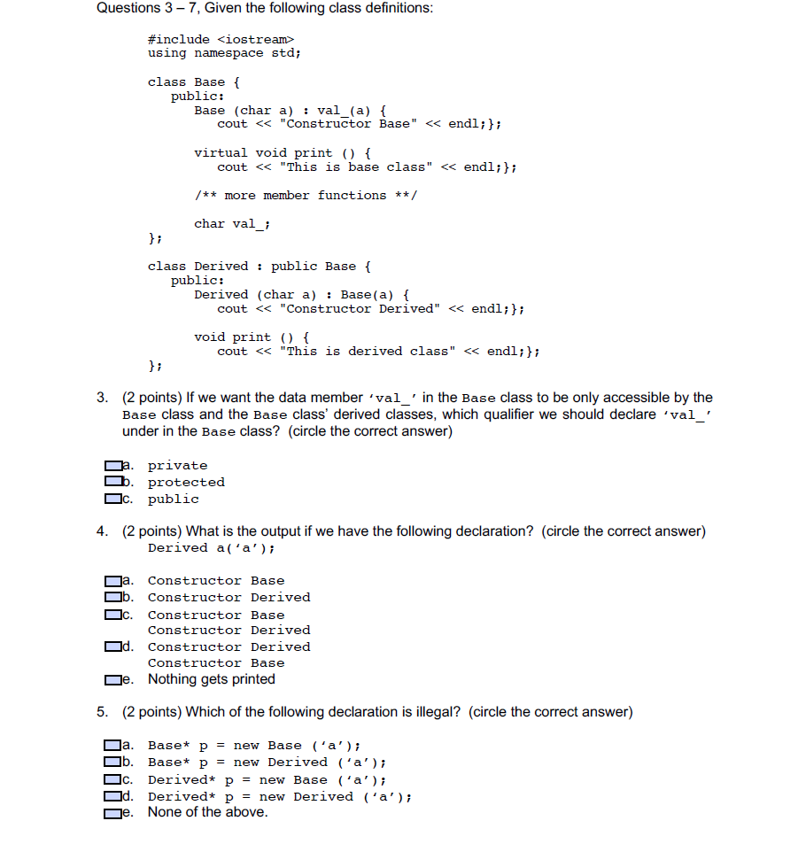 Solved Questions 3 - 7, Given the following class | Chegg.com