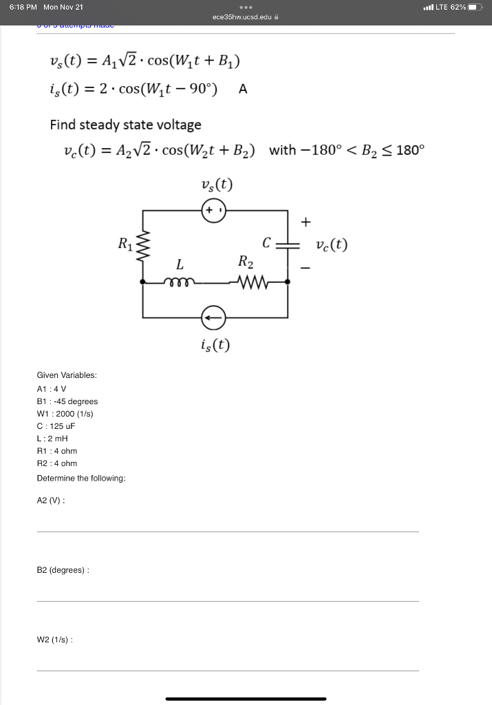 Solved vs(t)=A12⋅cos(W1t+B1)is(t)=2⋅cos(W1t−90∘)A Find | Chegg.com