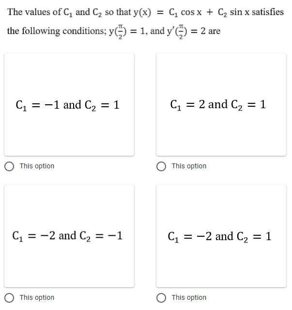 Solved The values of C and C2 so that y(x) = C1 cos x + C2 | Chegg.com