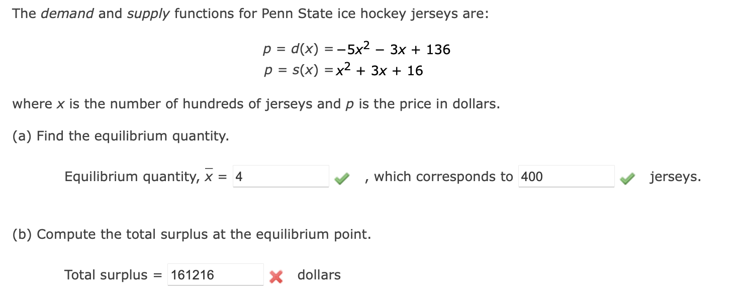 Solved equilibrium point. Consumer surplus = dollars | Chegg.com