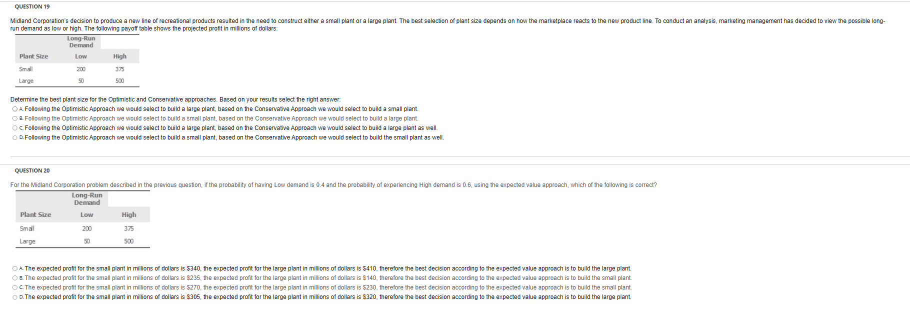 Solved Determine the best plant size for the Optimistic and | Chegg.com