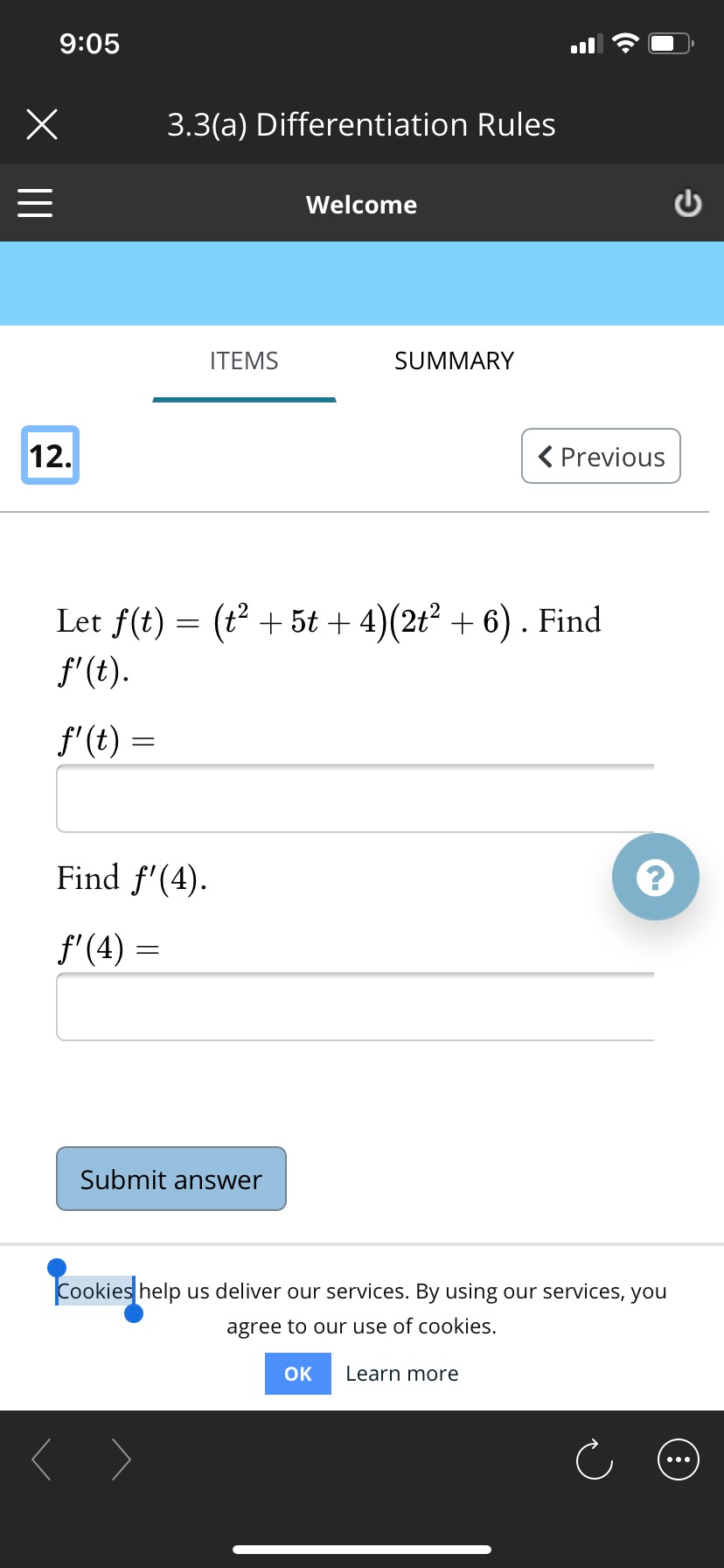 Solved 9:05 X Х 3.3(a) Differentiation Rules Welcome ITEMS | Chegg.com