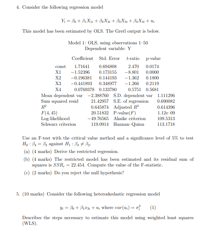 4. Consider the following regression model Y; = Bo + | Chegg.com