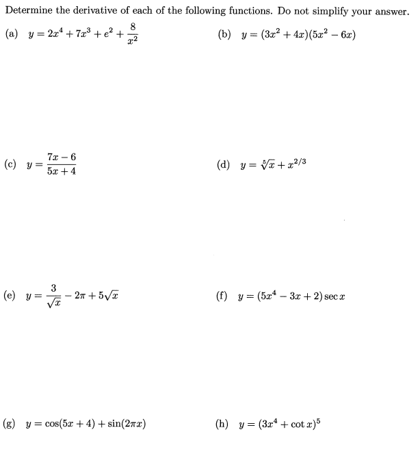Solved Determine the derivative of each of the following | Chegg.com