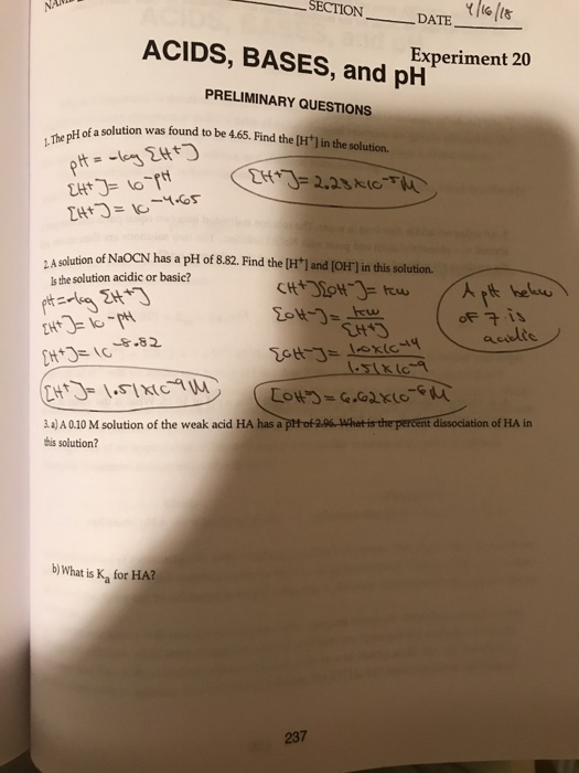 Solved e le SECTION DATE _ ACIDS, BASES, and pH Experiment | Chegg.com