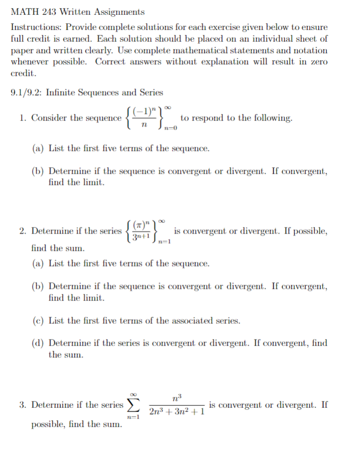 Solved MATH 243 Written Assignments Instructions: Provide | Chegg.com