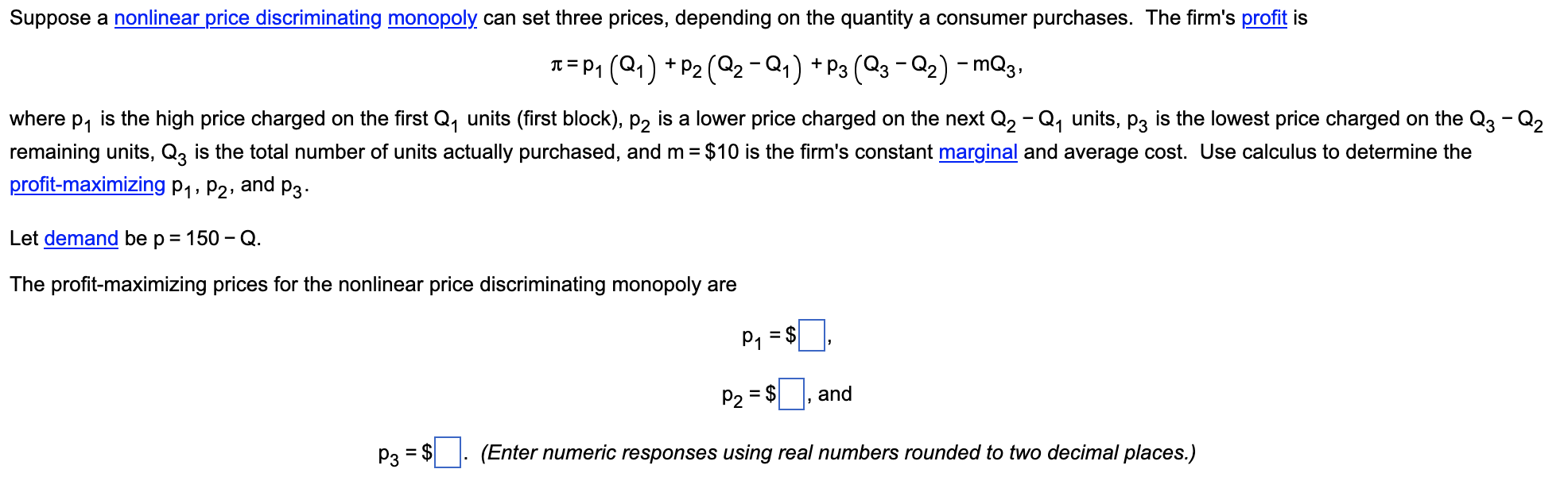 Solved π=p1(Q1)+p2(Q2−Q1)+p3(Q3−Q2)−m3, where p1 is the | Chegg.com