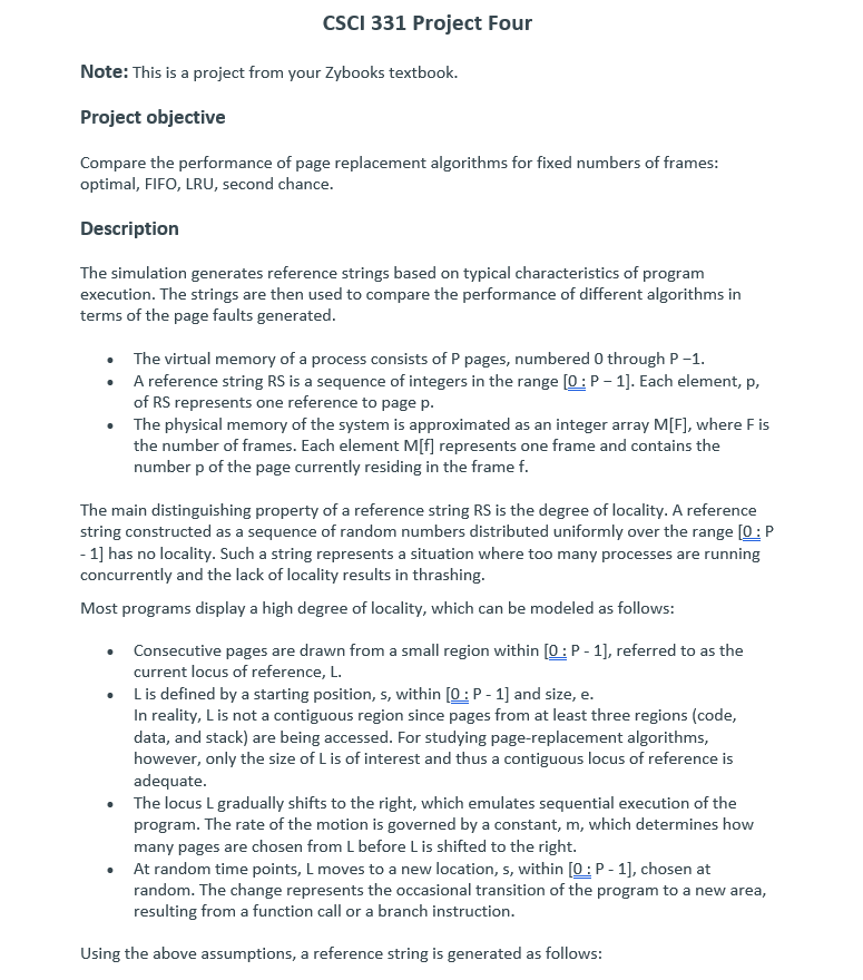 Solved CSCI 331 Project Four Note: This is a project from | Chegg.com