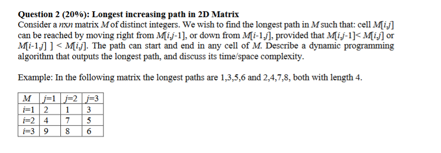 Solved Question 2(20%) : Longest increasing path in 2D | Chegg.com