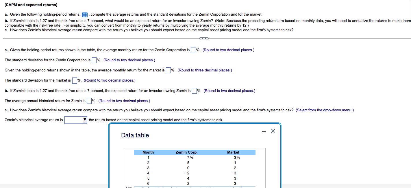 Solved (CAPM and expected returns) a. Given the following | Chegg.com