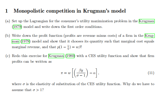 1 Monopolistic competition in Krugman's model (a) Set | Chegg.com