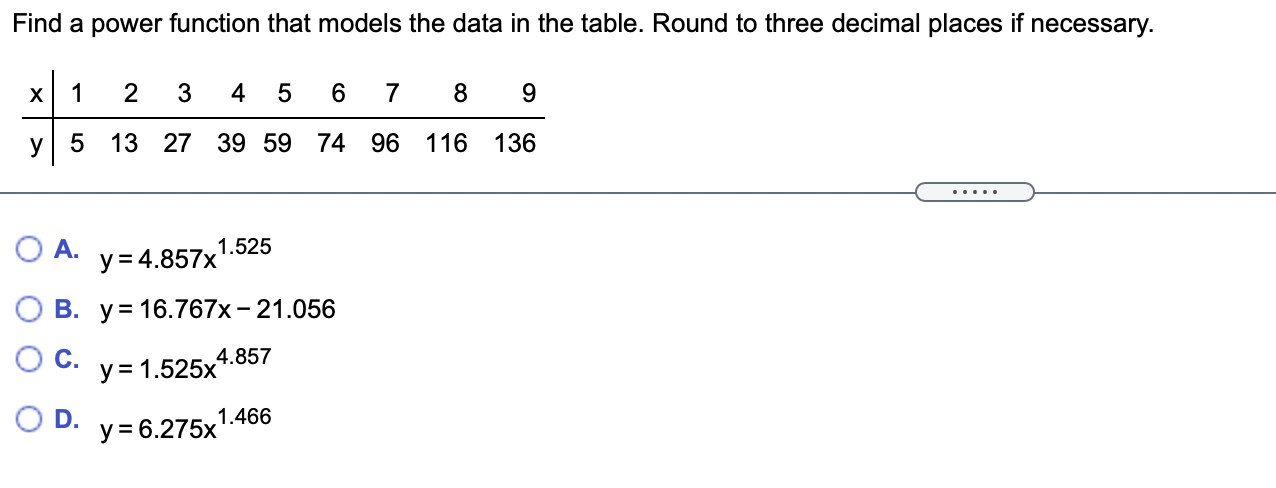 Solved Find a power function that models the data in the | Chegg.com