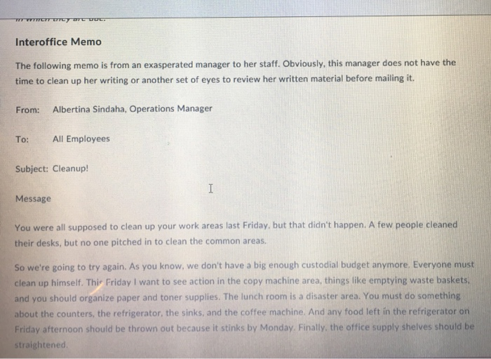 Interoffice Memo The following memo is from an | Chegg.com