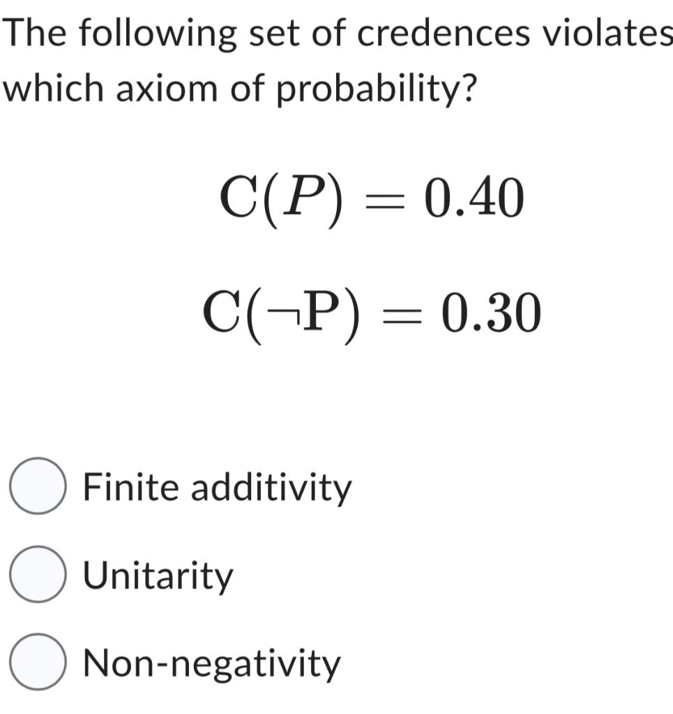 Solved The following set of credences violates which axiom | Chegg.com