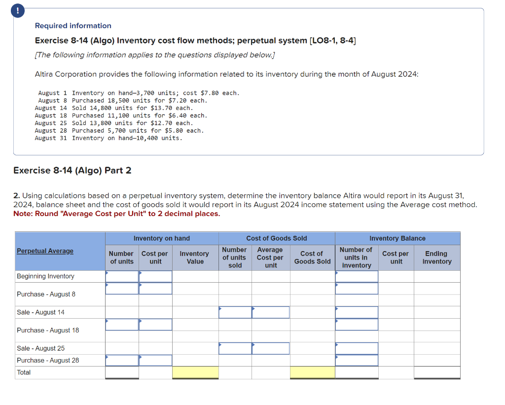 Solved Required information Exercise 8-14 (Algo) Inventory | Chegg.com