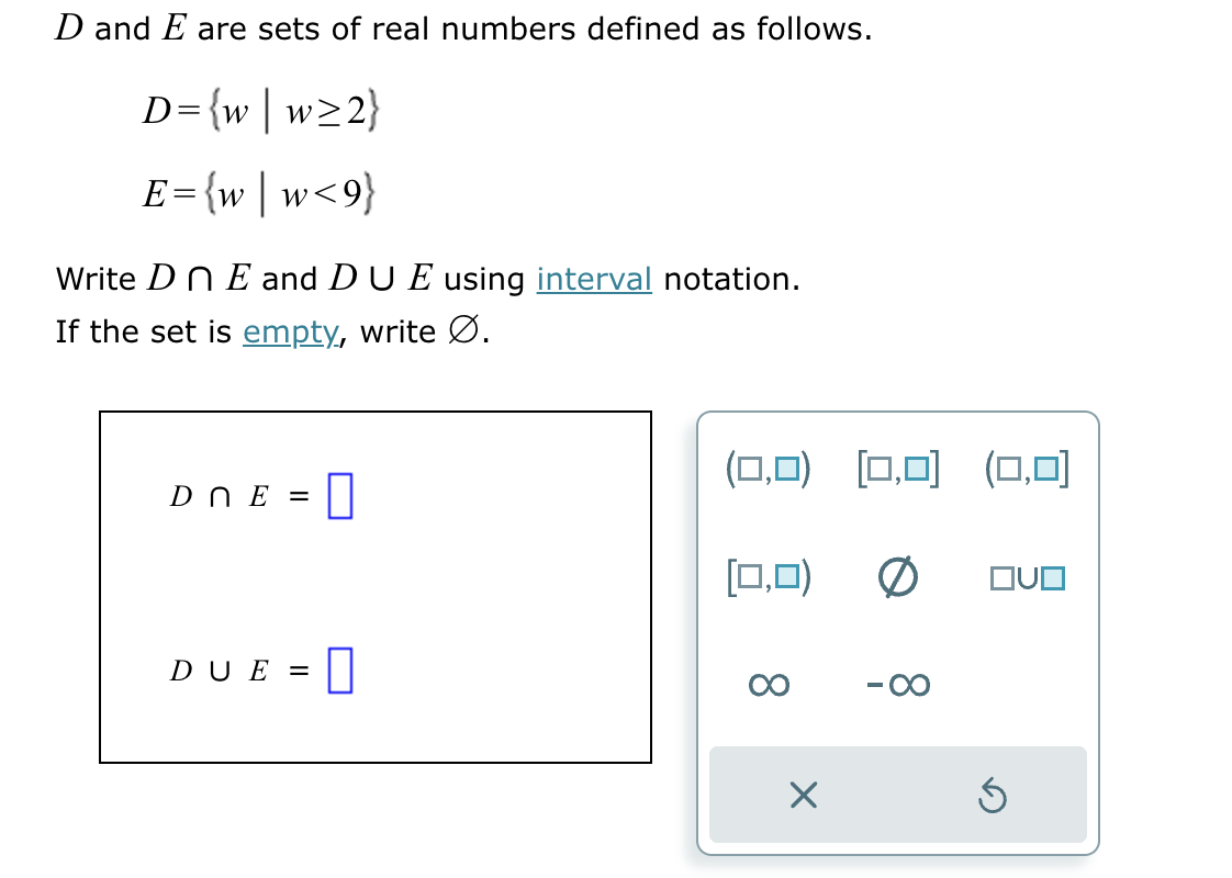 Solved D ﻿and E ﻿are sets of real numbers defined as | Chegg.com