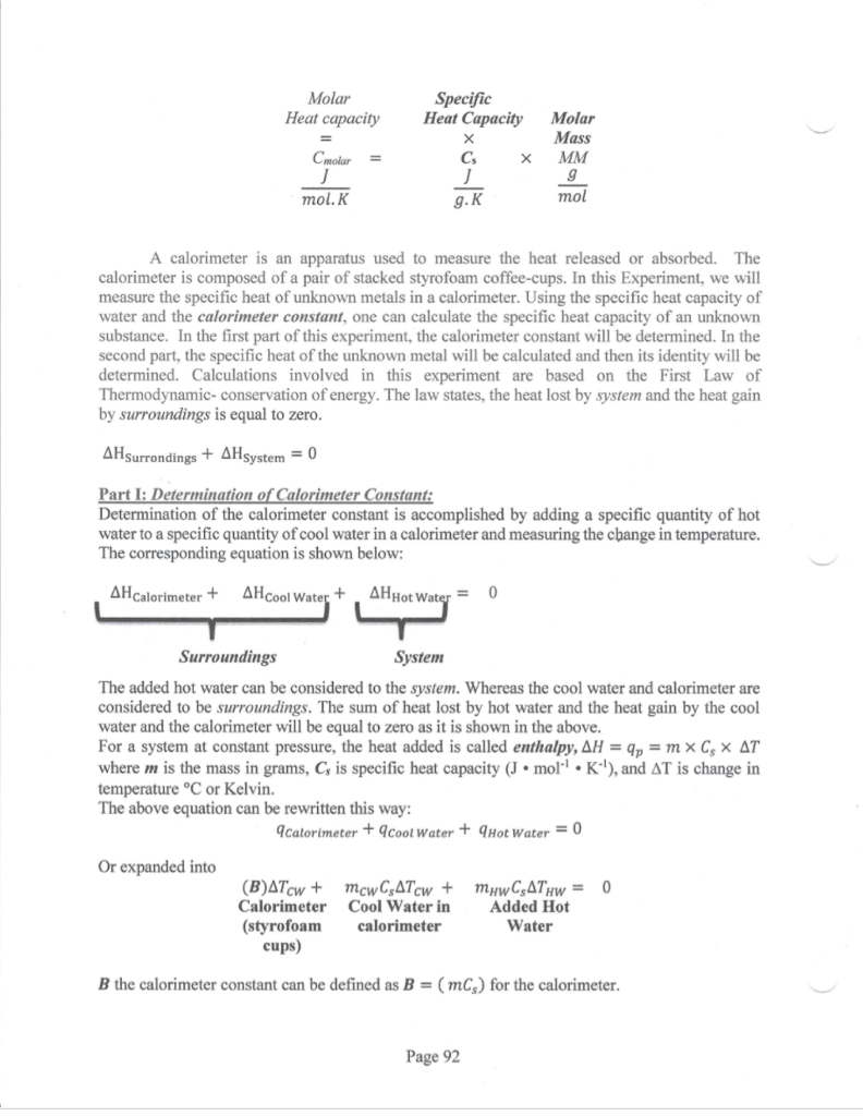 Solved Lab 13- The Specific Heat Capacity of Unknown Metal | Chegg.com