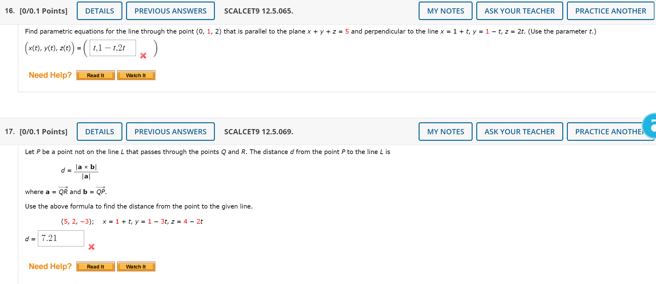 Solved [0/0.1 Points] SCALCET9 12.5.065. Find parametric | Chegg.com