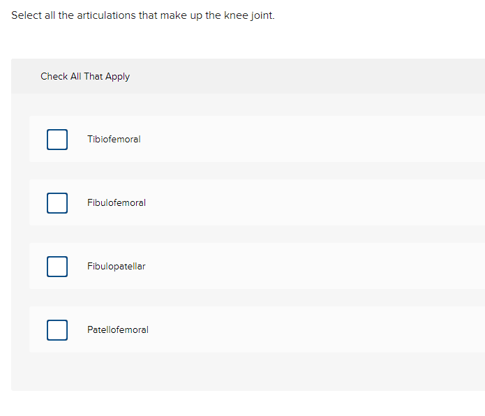 Solved Select all the articulations that make up the knee | Chegg.com