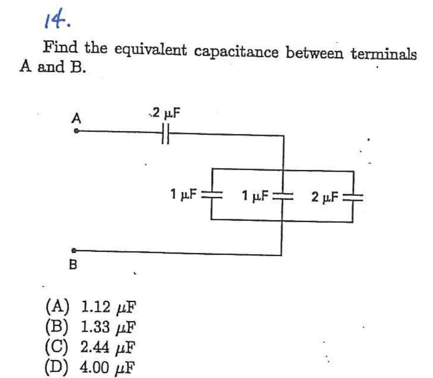 Solved 14. Find the equivalent capacitance between terminals | Chegg.com