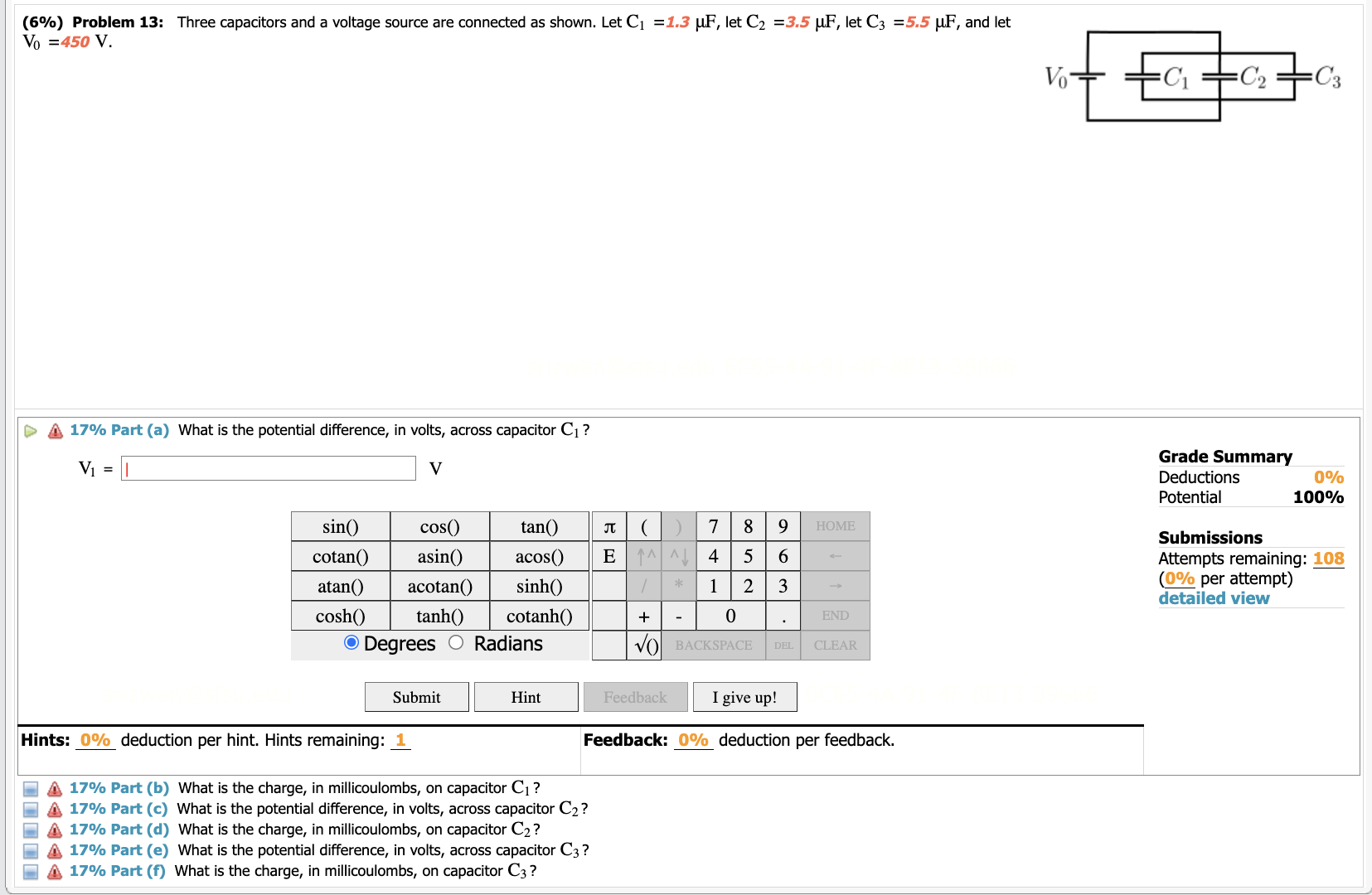 Solved (6\%) Problem 13: Three capacitors and a voltage | Chegg.com