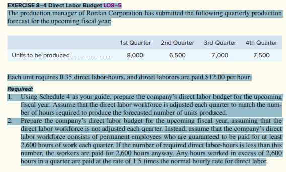 Solved EXERCISE 8-4 Direct Labor Budget LO8-5 The production | Chegg.com