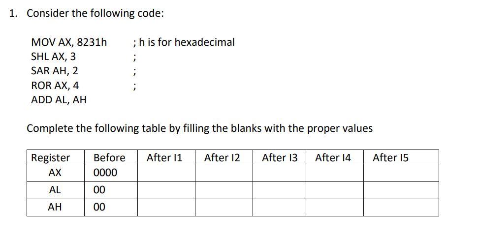 Solved 1. Consider the following code: ;h is for hexadecimal | Chegg.com