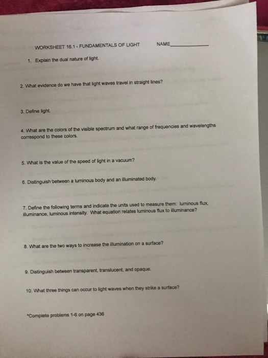 Solved WORKSHEET 16.1-FUNDAMENTALS OF LIGHT 1. Explain the | Chegg.com